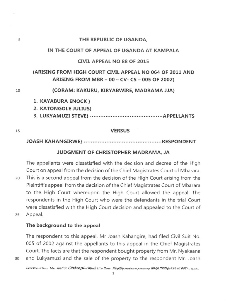 Kayabura 2 Ors V Kahangirwe (Civil Appeal No 88 of 2015) 2019 UGCA 2048 ...