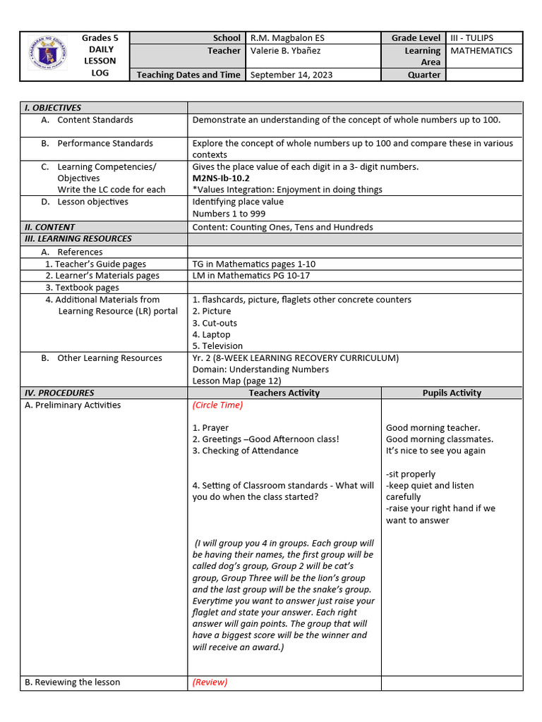 SEPTEMBER CO (PLACE VALUE) | PDF | Teachers | Learning