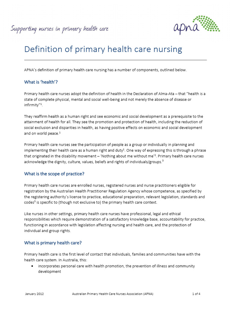 Definition of Primary Health Care Nursing | PDF | Nursing | Health Care