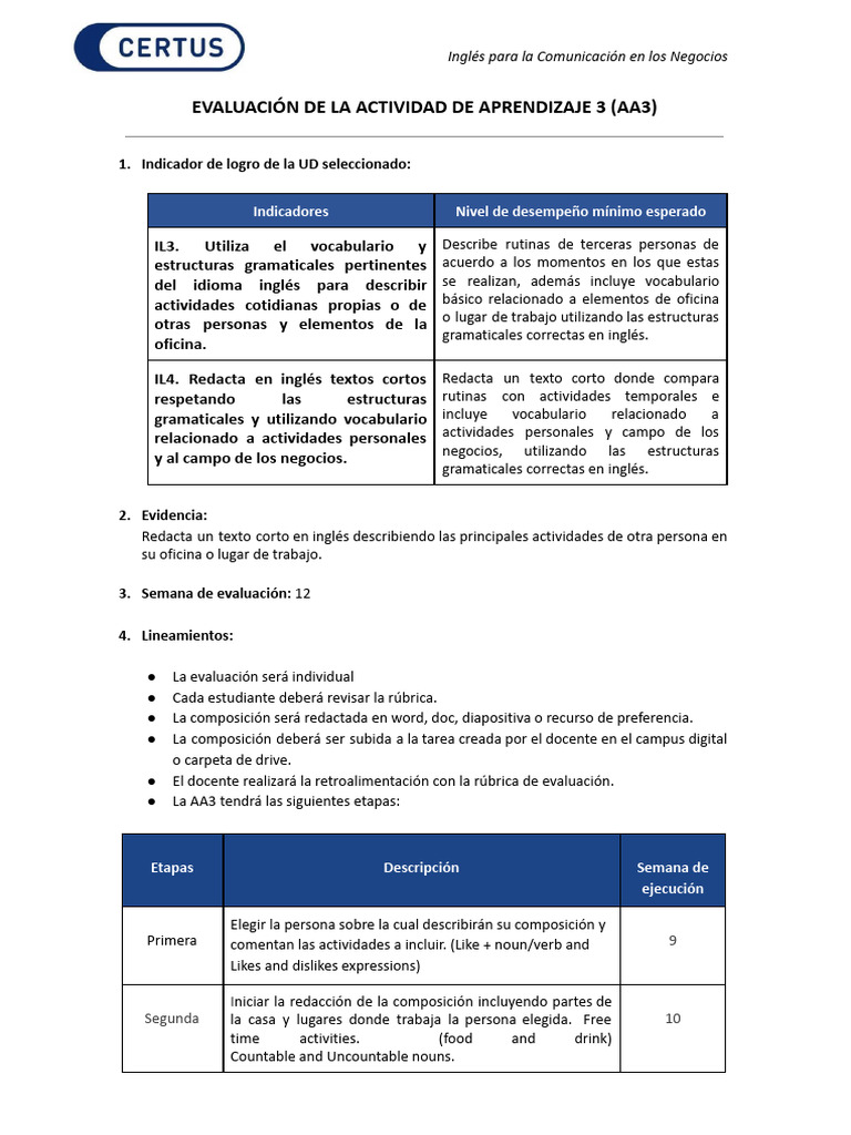 Lineamientos Evaluación AA3 | PDF | Idioma en Inglés | Comunicación humana