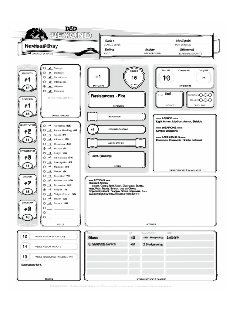 Narcissa Gray character sheet | PDF