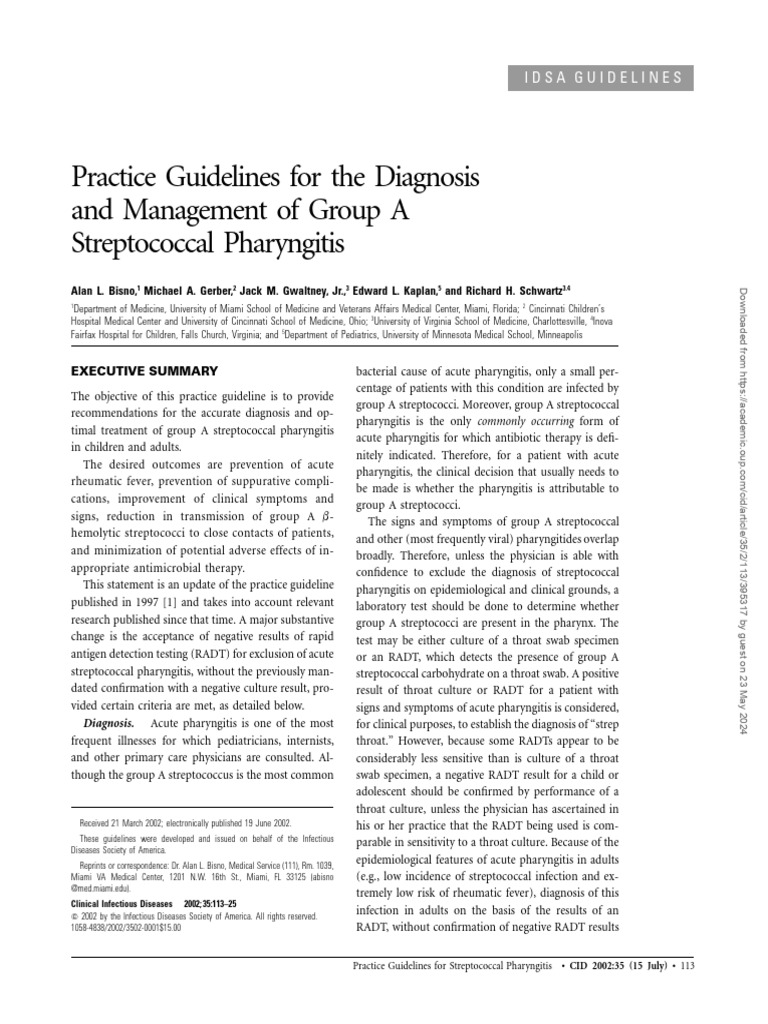 Practice Guidelines For The Diagnosis and Management of Group A ...