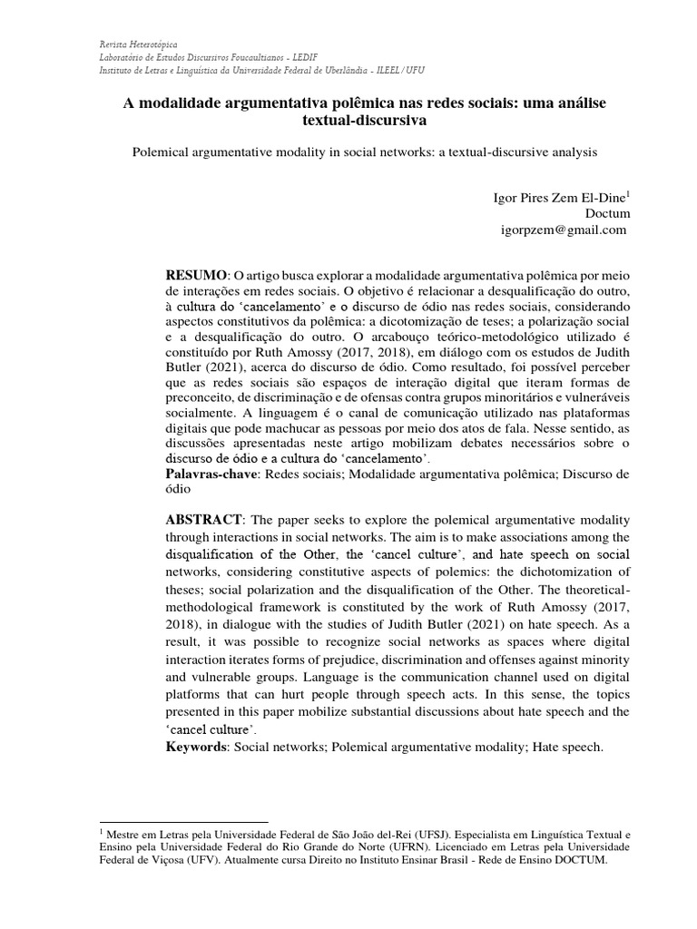 A Modalidade Argumentativa Polemica Nas Redes Soci | PDF | Discurso | Sociologia