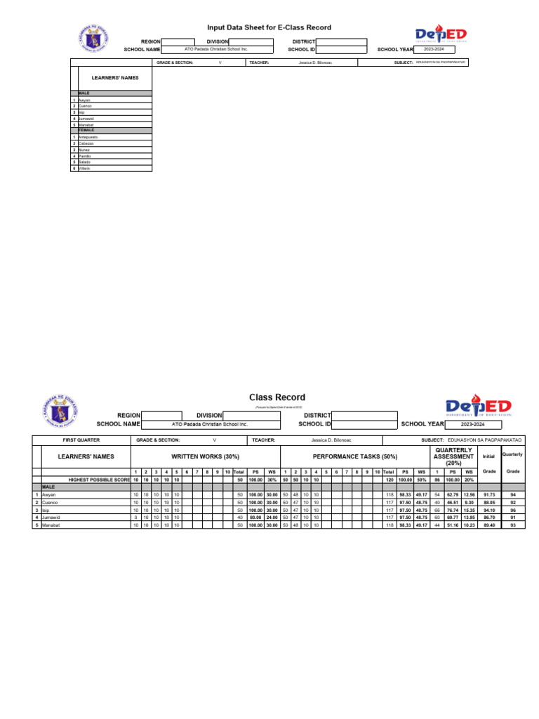 E-Class Record 2023-2024 Grade V | PDF
