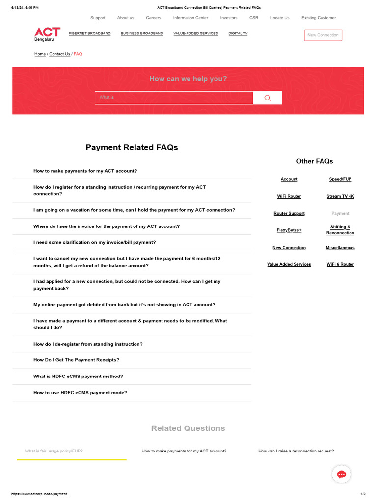 ACT Broadband Connection Bill Queries - Payment Related FAQs | PDF ...