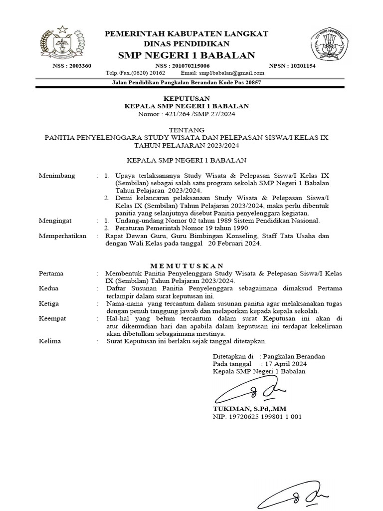 SK Study Wisata Dan Pelepasan Siswa Kelas Ix | PDF