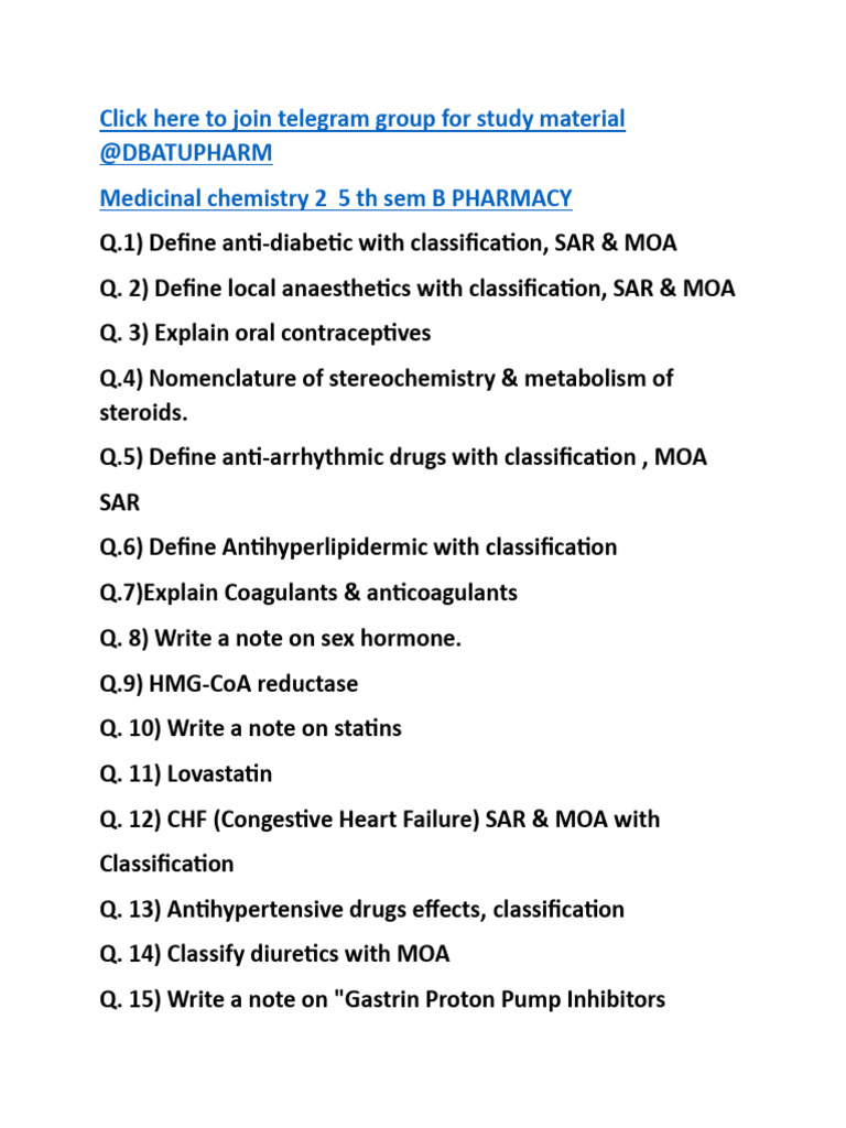 Medicinal Chemistry 2 IMP QUESTION ANSWER @DBATUPHARM | PDF | Heart Failure | Coagulation