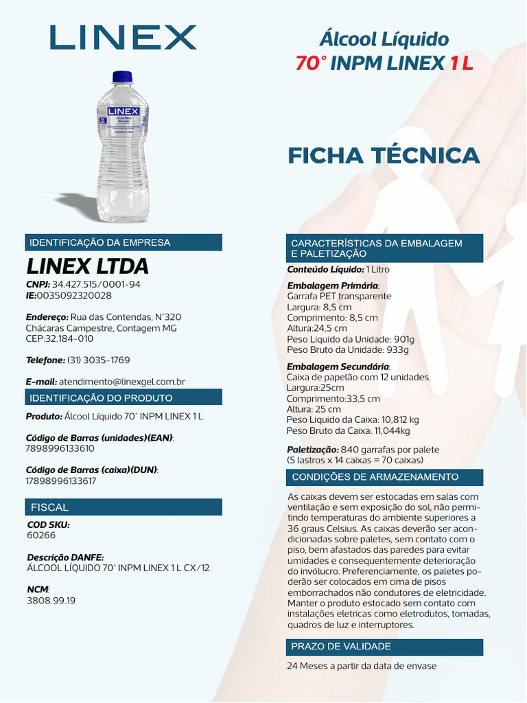 Ficha Tecnica Alcool Liquido 70° LINEX 1 L | PDF