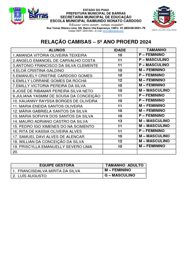 Lista de Camisas PROERD 2024 - Barras | PDF