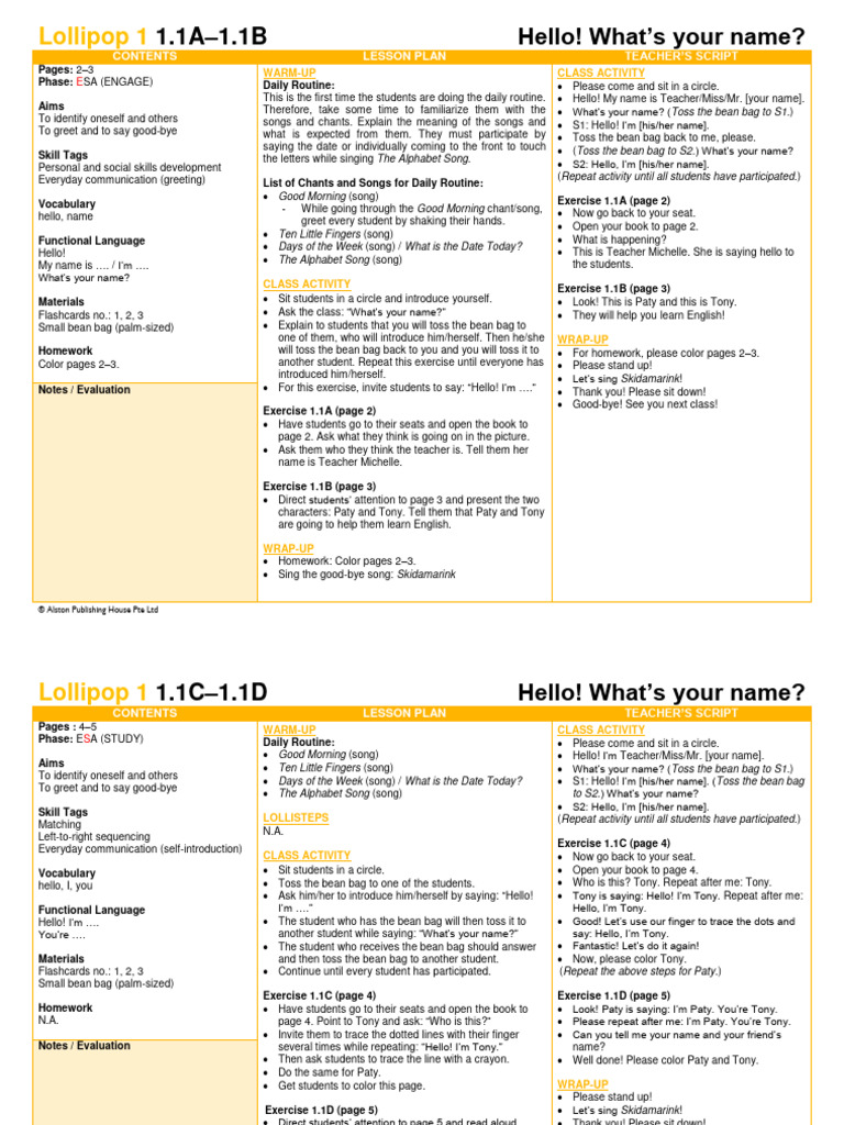 Lollipop 1-Lesson - Plans-Unit - 1 | Download Free PDF | Lesson Plan