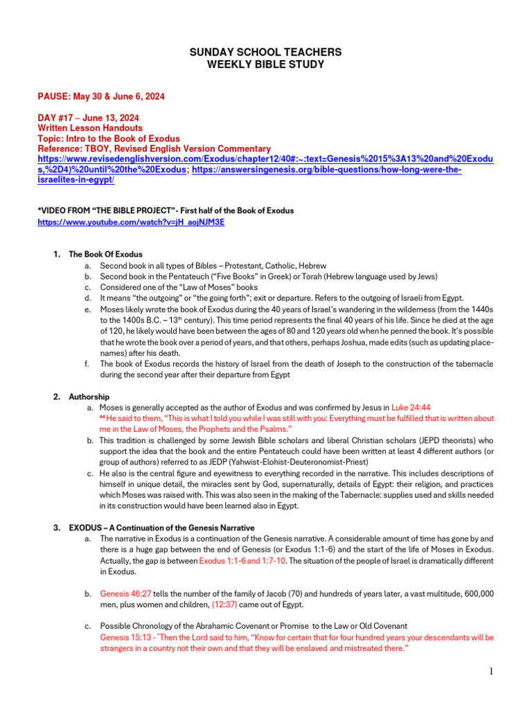 18 Lesson Intro To The Book of Exodus Part 1 | PDF | Book Of Exodus ...