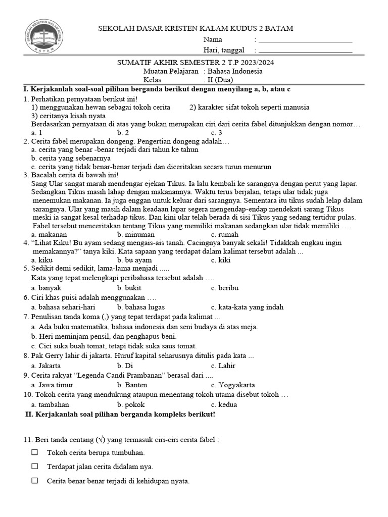 Soal Sas Bhs Indonesia Kelas 2 SD | PDF | Seni & Disiplin Bahasa | Fiksi Umum