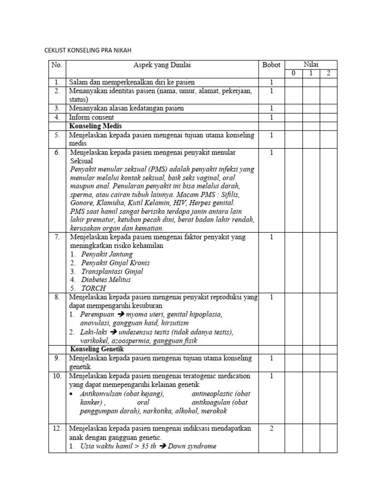 Ceklist Konseling Pra Nikah | PDF