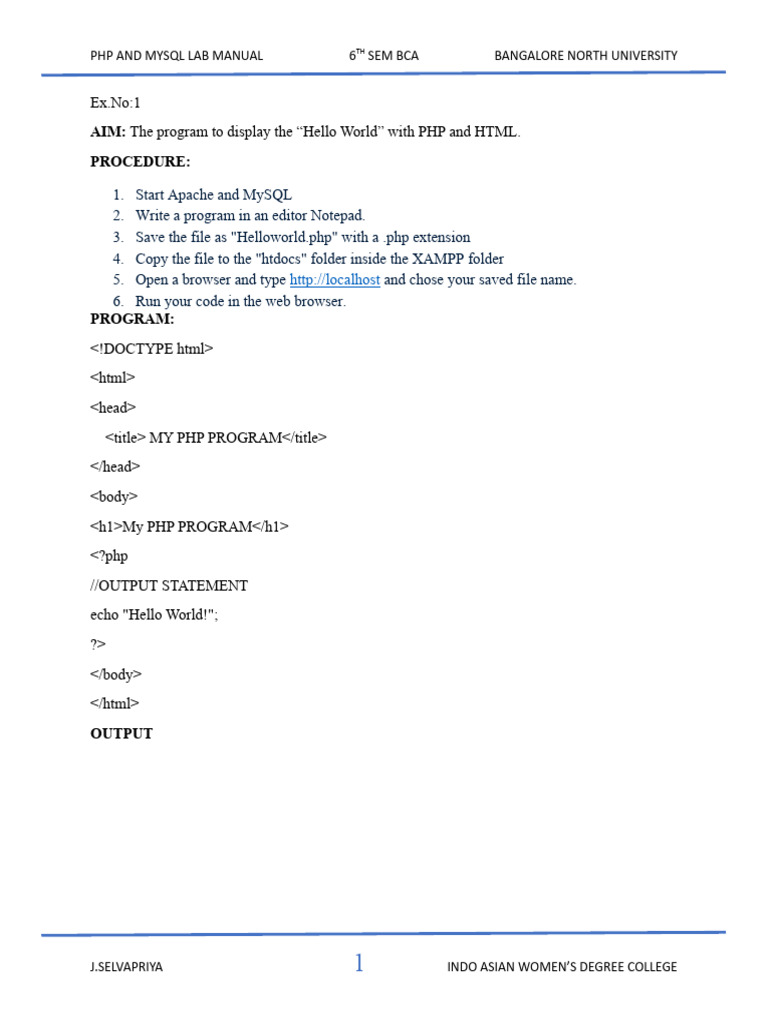 AIM: The Program To Display The "Hello World" With PHP and HTML. Procedure | PDF | Php ...