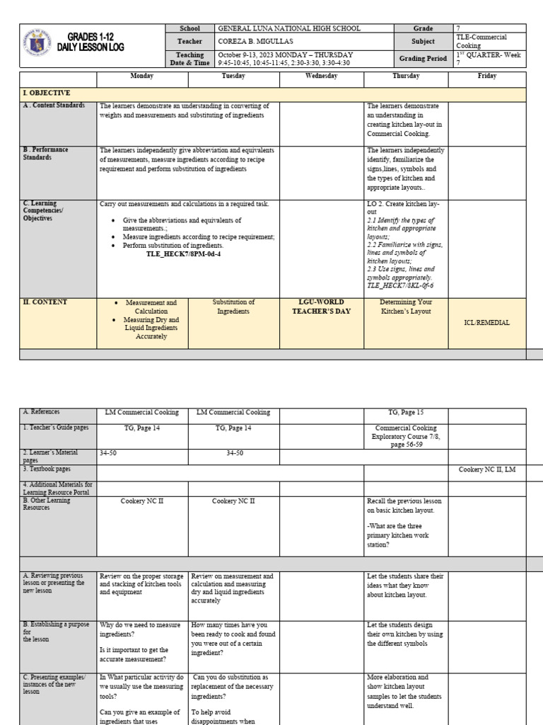 DLL in Commercial Cooking Oct 9-132023 | PDF | Learning | Teaspoon