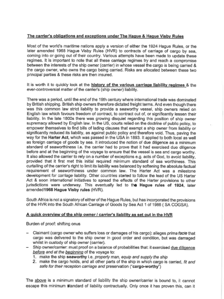 The Carrier's Obligations and Exceptions Under The Hague Hague Visby ...