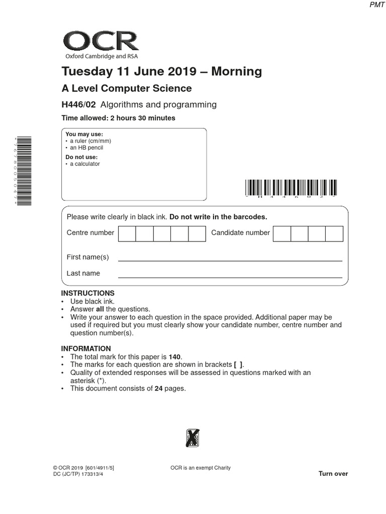 June 2019 QP - Paper 2 OCR Computer Science A-Level | PDF | Class (Computer Programming ...