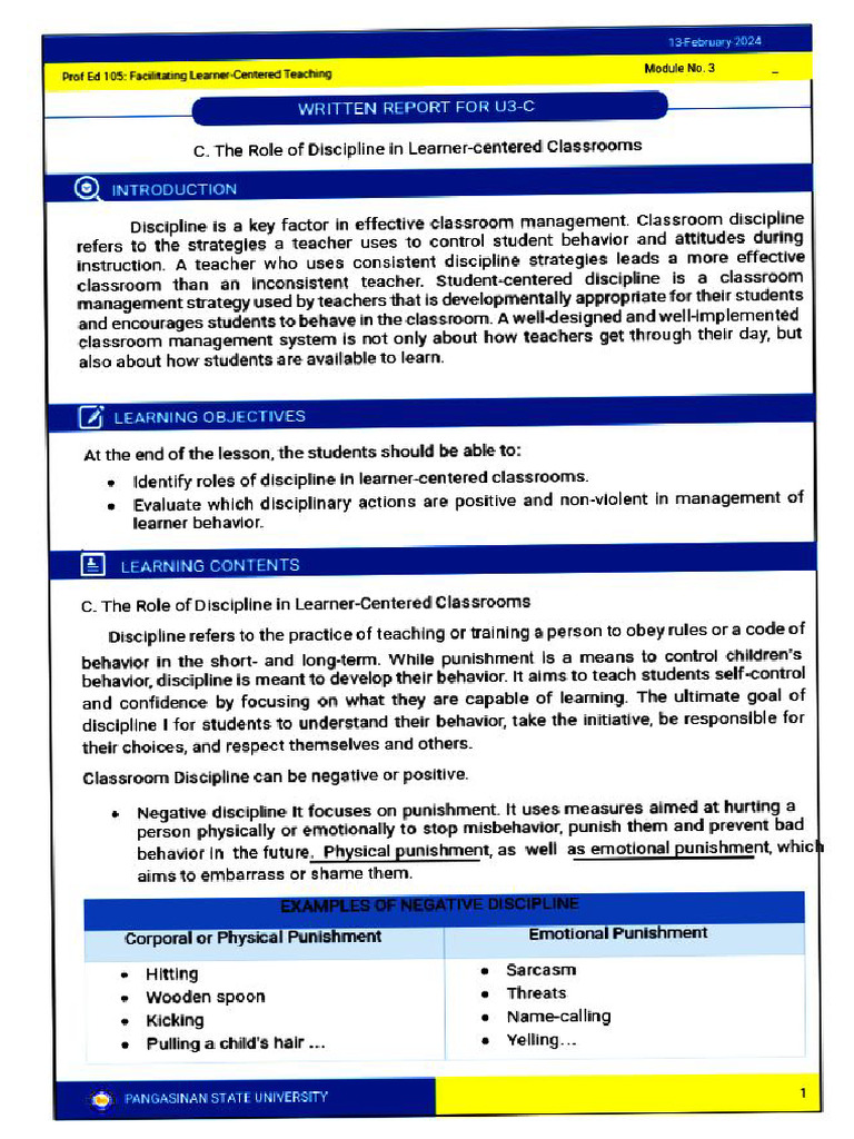 EDUC 50 Module The Role of Discipline I Learner Centered Classroom | PDF