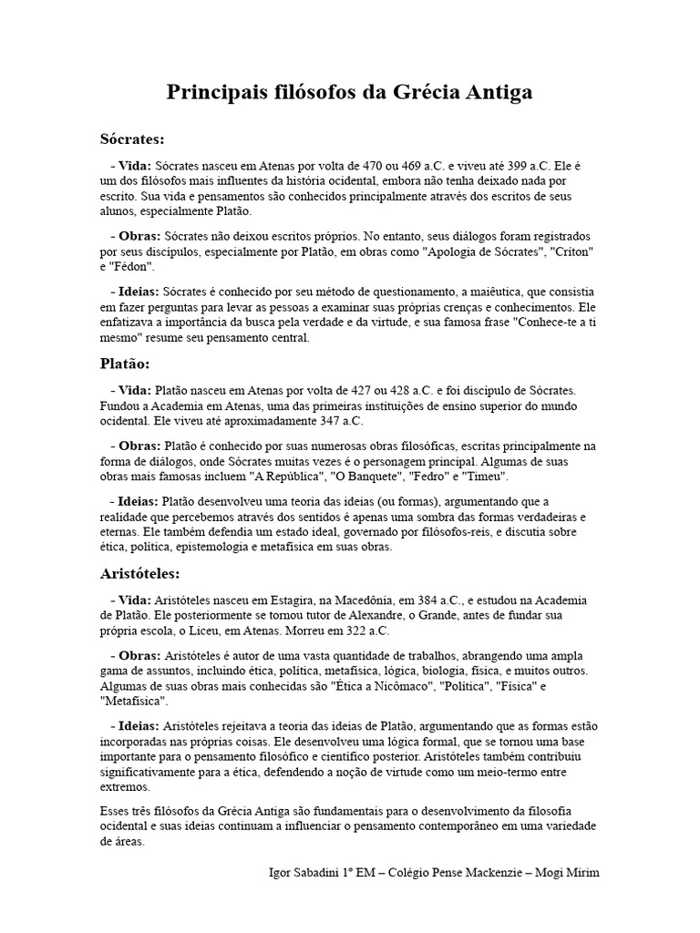 Principais Filósofos Da Grécia Antiga | PDF | Sócrates | Platão