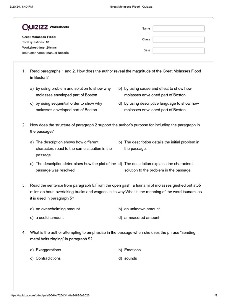 Great Molasses Flood _ Quizizz | PDF