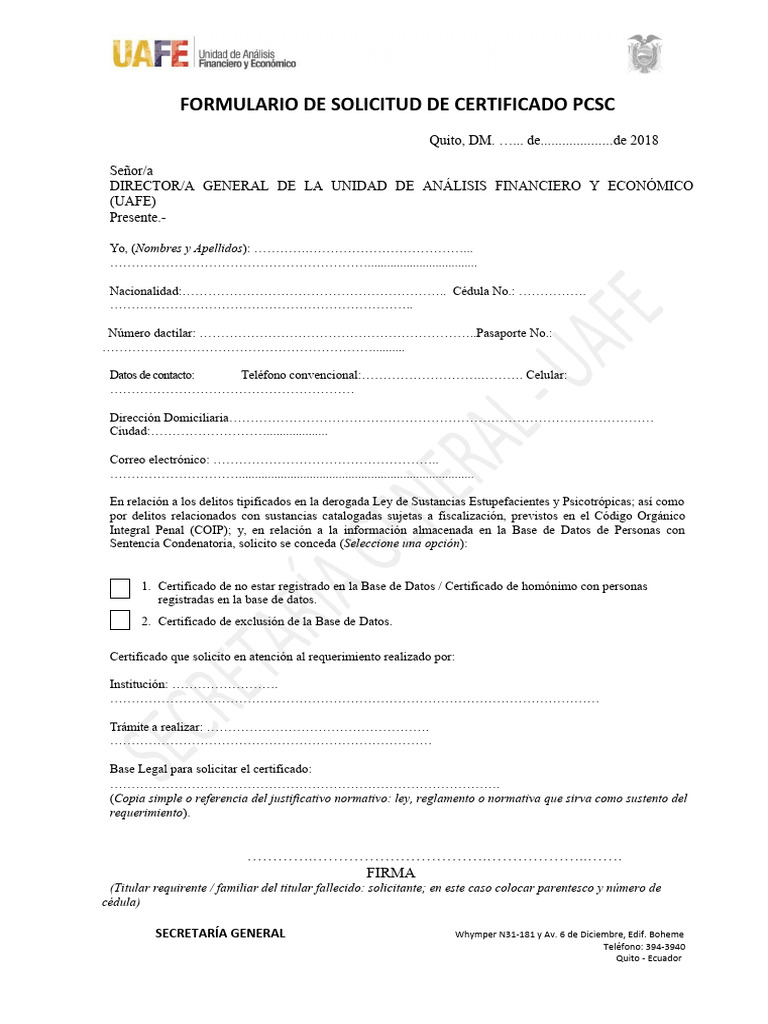 Solicitud Certificado PCSC UAFE Ecuador | PDF | Gobierno | Justicia