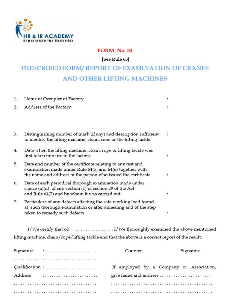 Form 32 Report of Examination For Cranes Lifting Machines | PDF