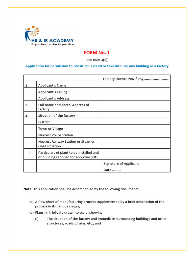 Form 1 Application for Factory Construction | PDF