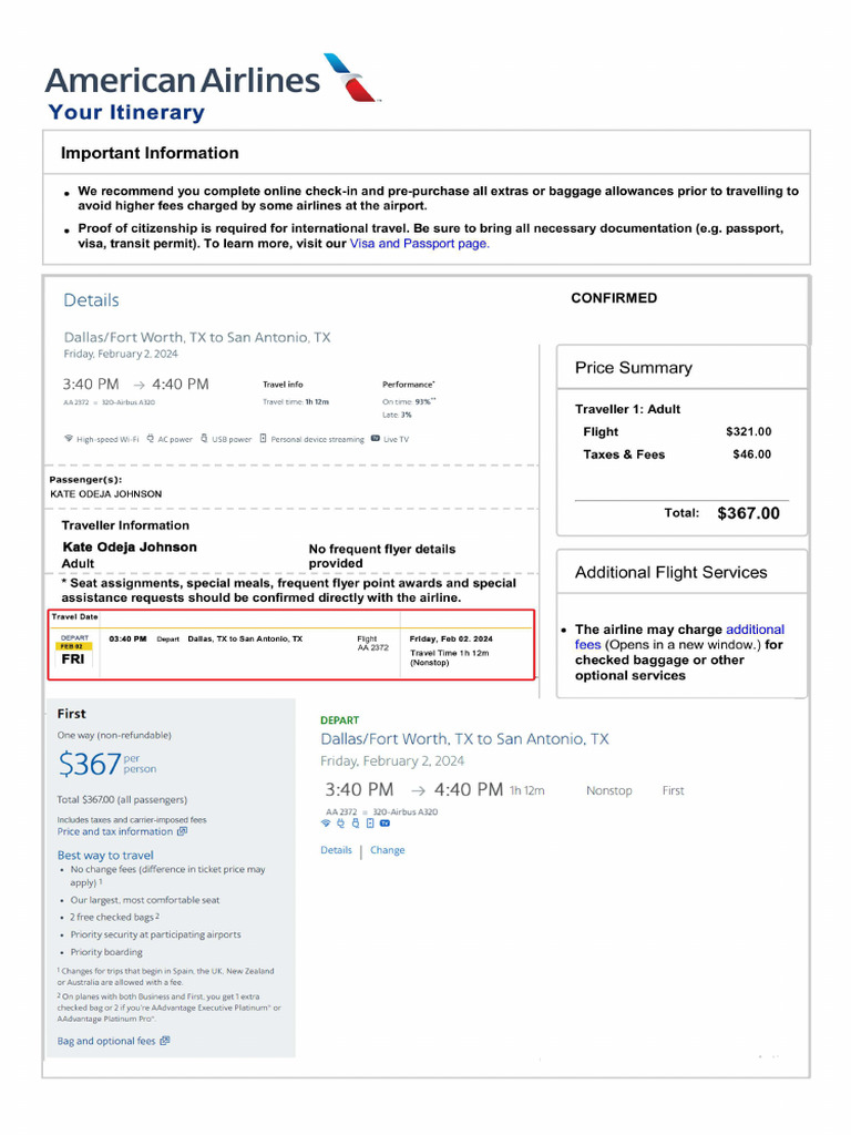 Itinerary Flight Document For Kate Johnson Odeja | PDF
