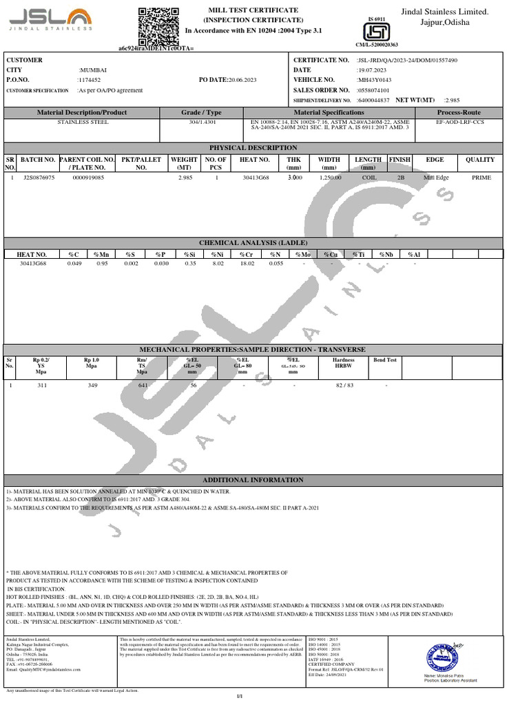 304 - Jindal MTC Slit Coil | PDF | Stainless Steel | Rolling (Metalworking)