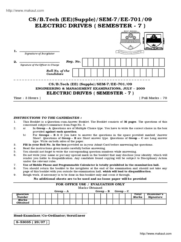 Electric Drives (Semester - 7) : CS/B.Tech (EE) (Supple) /SEM-7/EE-701/09 | PDF | Electric Motor ...