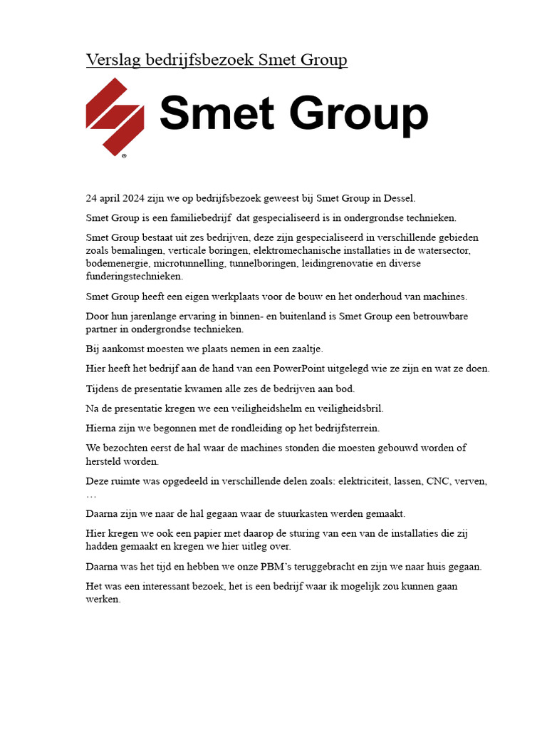 Verslag Bedrijfsbezoek Smet Group | PDF
