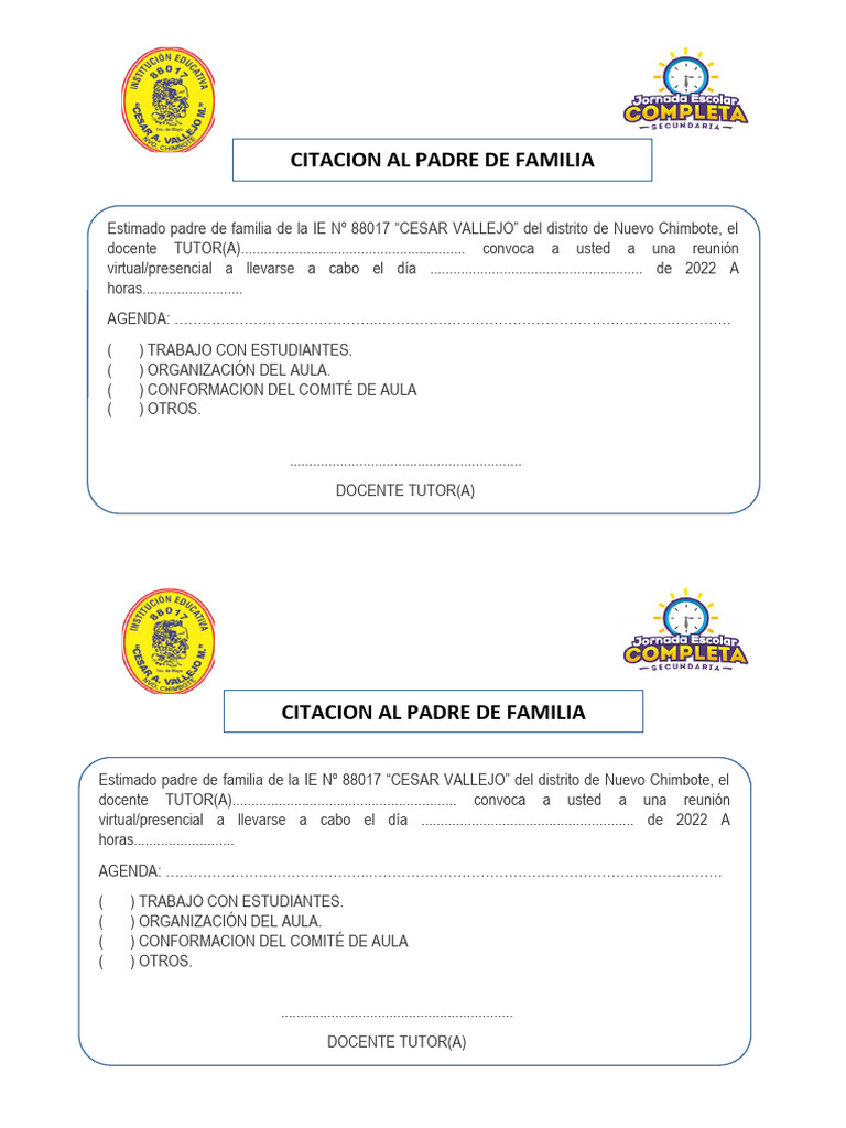 Modelo de Citación a Padres de Familia | PDF | Hogar, jardinería y ...
