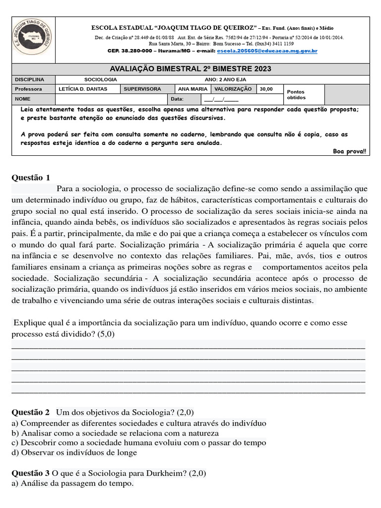 Prova 2 Ano EJA 2º Bim EEJTQ | PDF | Sociologia | Sociedade