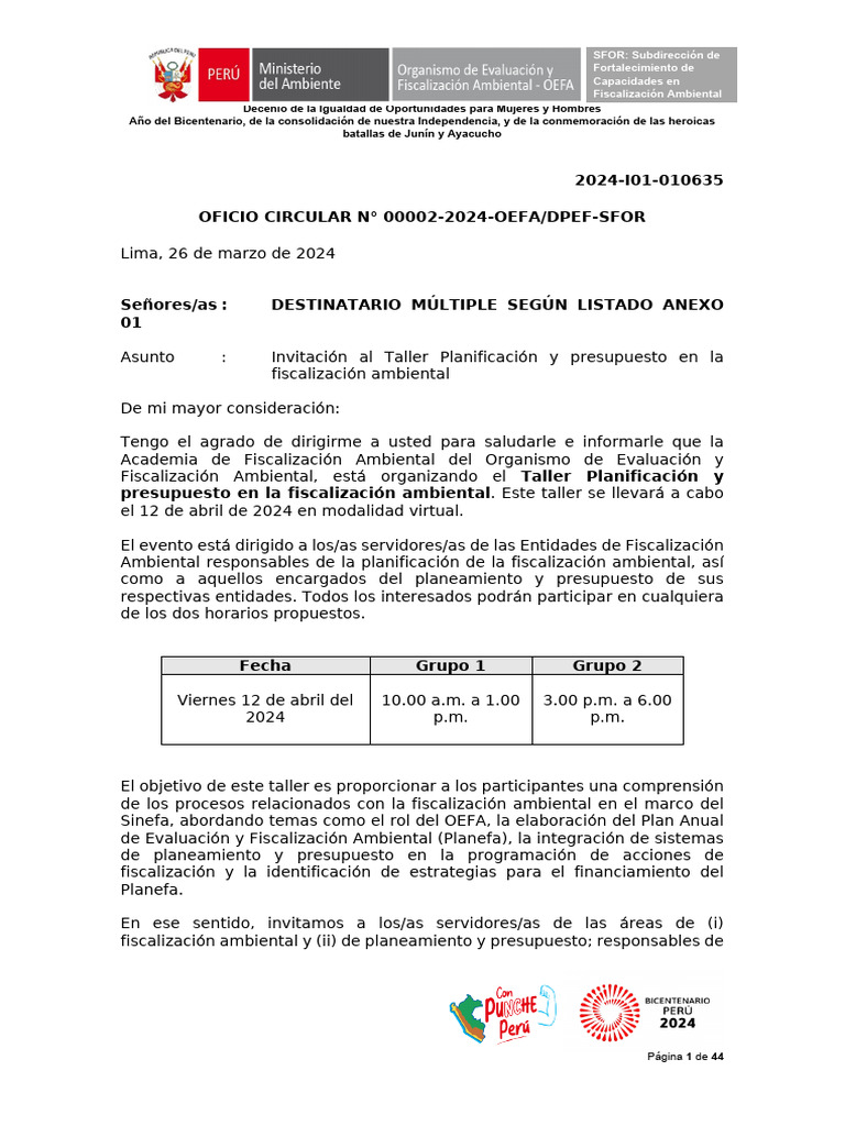 Oficio Circular #00002-2024-Oefa-Dpef-Sfor | PDF | Planificación | Perú