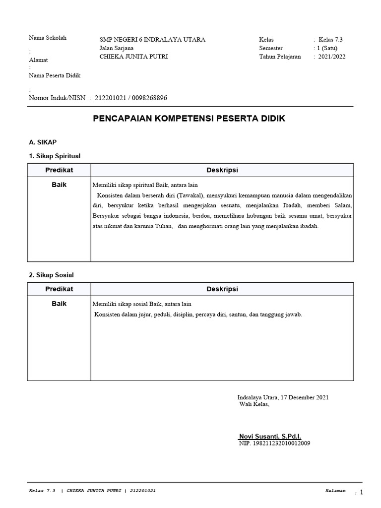 Rapor - CHIEKA JUNITA PUTRI - 20211 Kls 7 SMT 1 | PDF