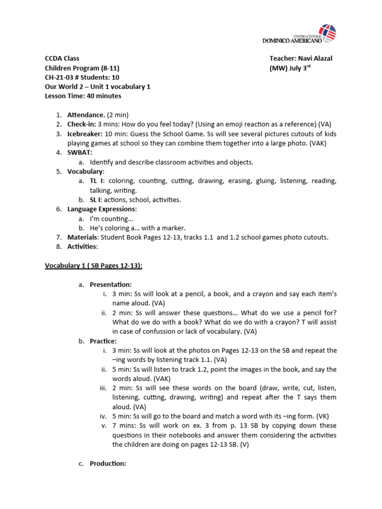 SAMPLE LESSON PLAN Our World 2 Unit 1 VOCABULARY FINAL | PDF ...