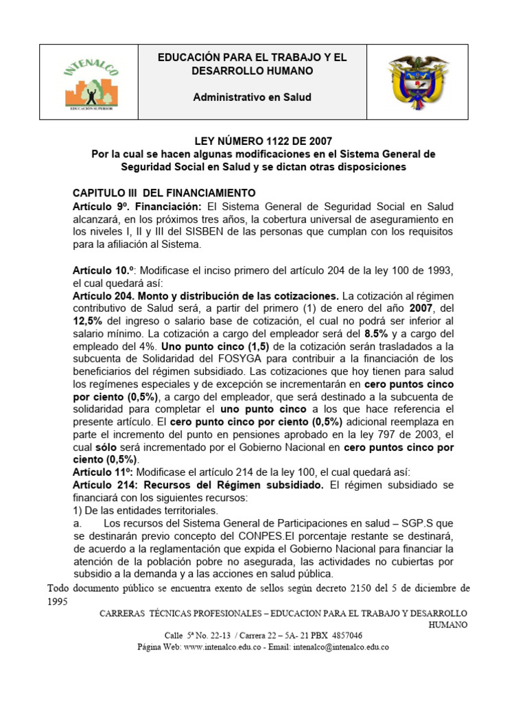 Ley 1122 de 2007 - Resumen | PDF