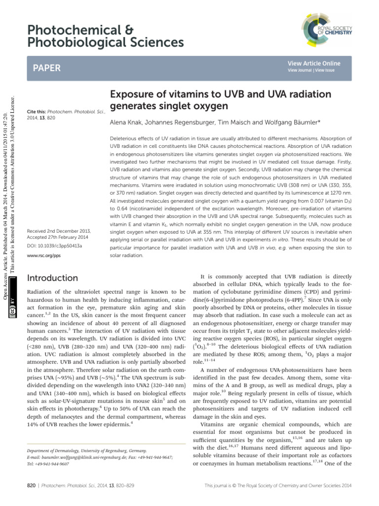 Exposure of Vitamins To UVB and UVA Radiation Generates Singlet Oxygen ...