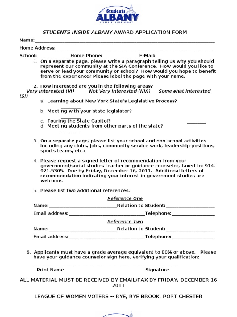 Albany Student Award Application Form | PDF | Business