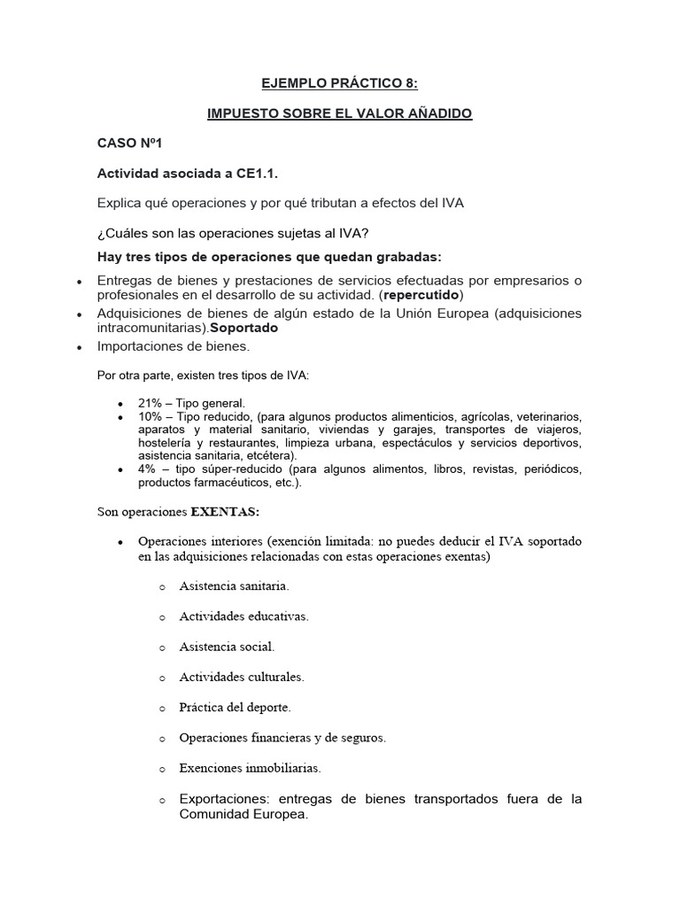 EJEMP PRÁCTICO 8 Actividad asociada a CE1.1 IMPUESTO SOBRE EL VALOR AÑADIDO | PDF | Impuesto al ...