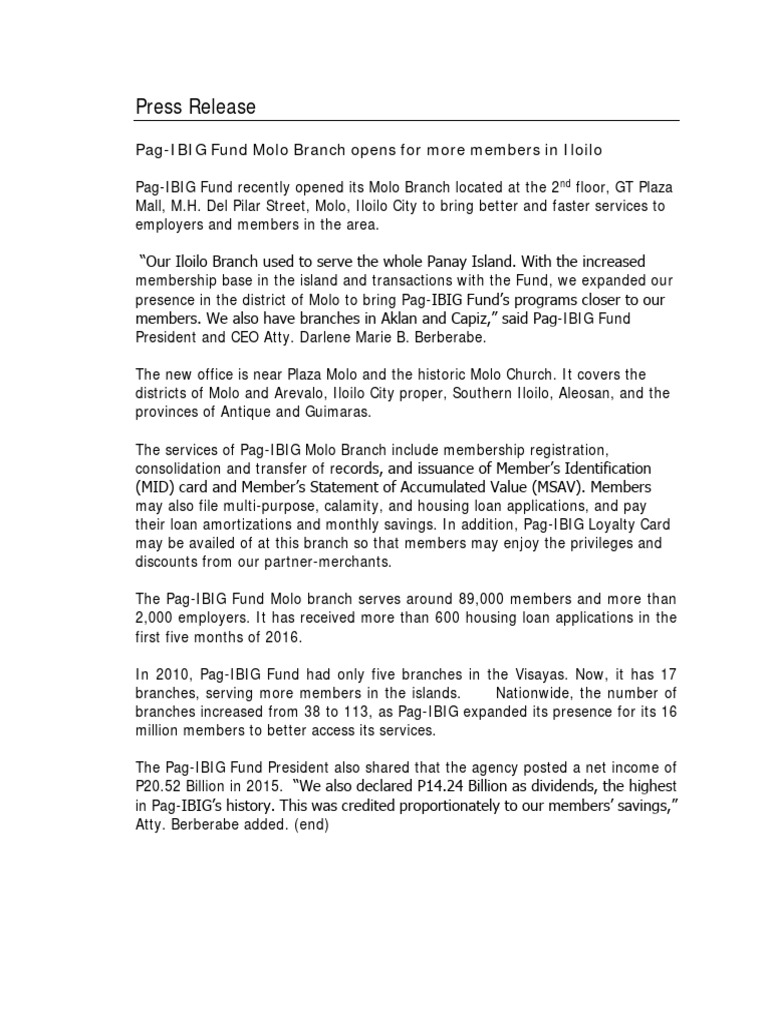Pag-IBIG Fund Molo Branch Opens | PDF | Business