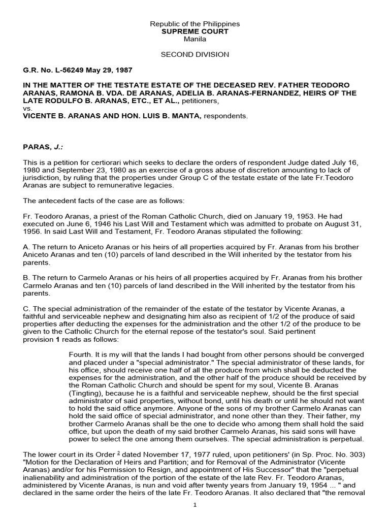 Vda. de Aranas v. Aranas 150 SCRA 415 | PDF | Will And Testament ...