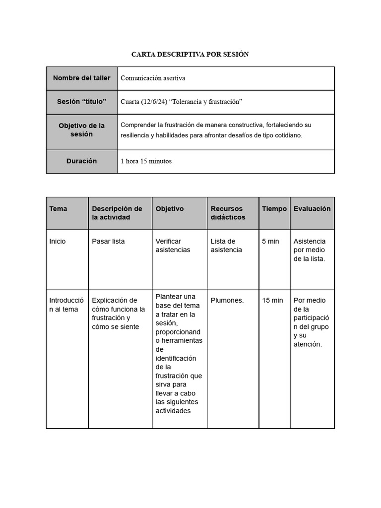 CARTA DESCRIPTIVA POR SESIÓN M | PDF | Lápiz