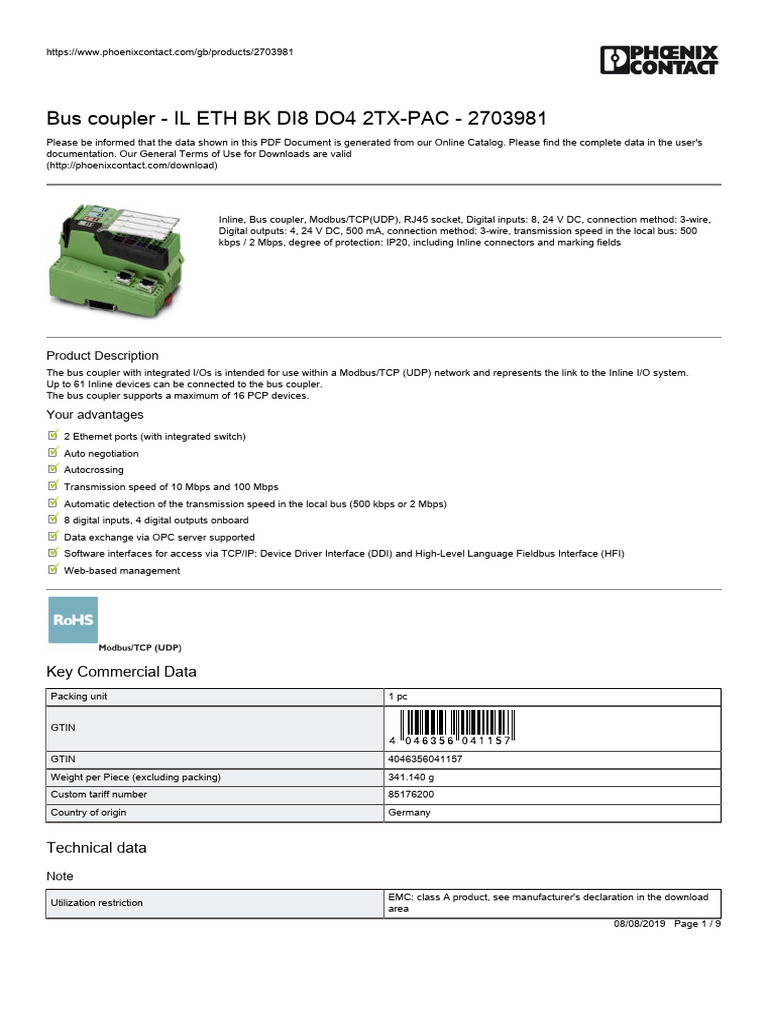 Bus Coupler - IL ETH BK DI8 DO4 2TX-PAC - 2703981: Product Description | Download Free PDF ...