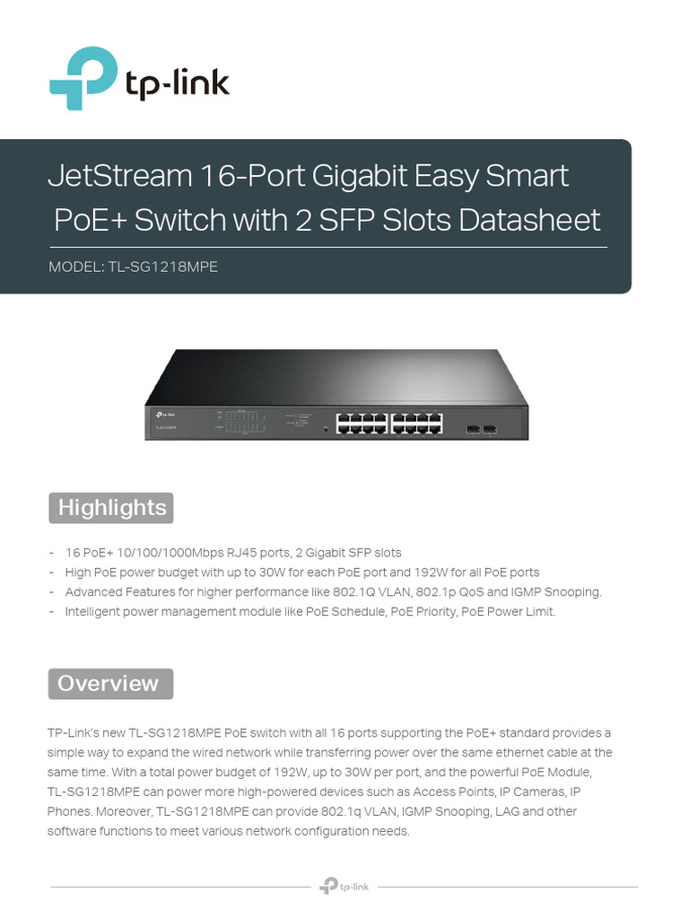TP Link 16 Port Gigabit PoE Easy Smart Switch (TL-SG1218MPE) | PDF | Network Switch | Computer ...