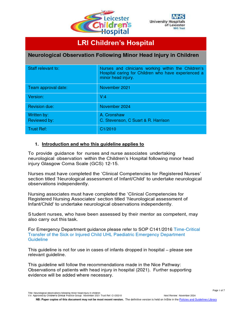 Neurological Observation Following Minor Head Injury UHL Childrens ...
