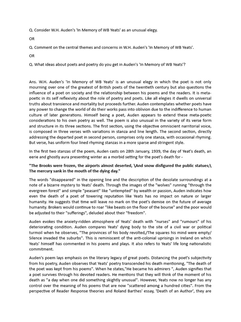 In memory of wb yeats | PDF | Poetry | W. B. Yeats