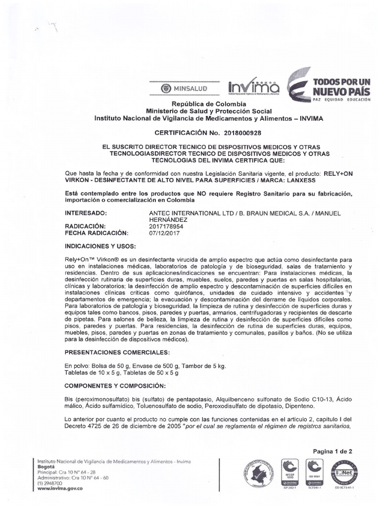 0 Cert No Req Rely+on Virkon | PDF