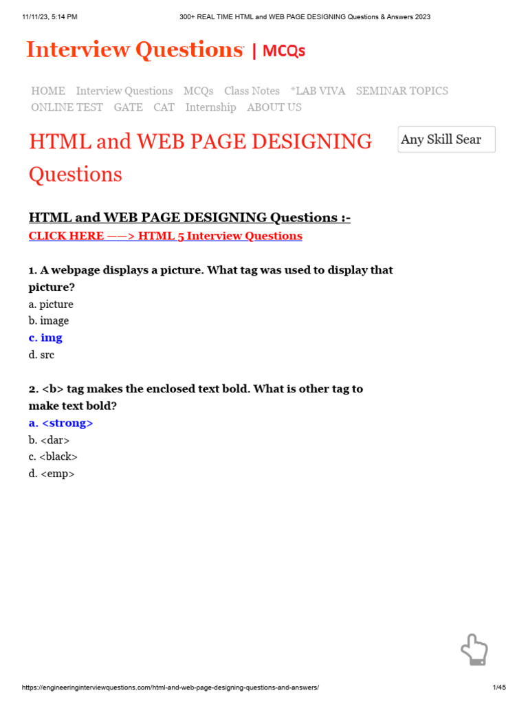 300+ REAL TIME HTML and WEB PAGE DESIGNING Questions & Answers 2023 | PDF | Html | World Wide Web