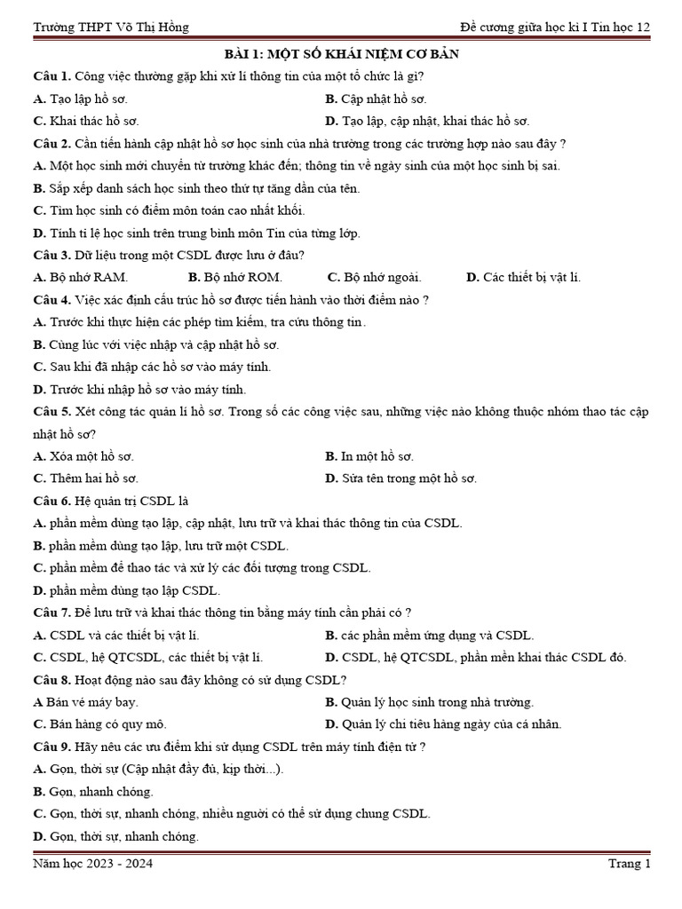 ĐỀ CƯƠNG GKI TIN 12 | PDF